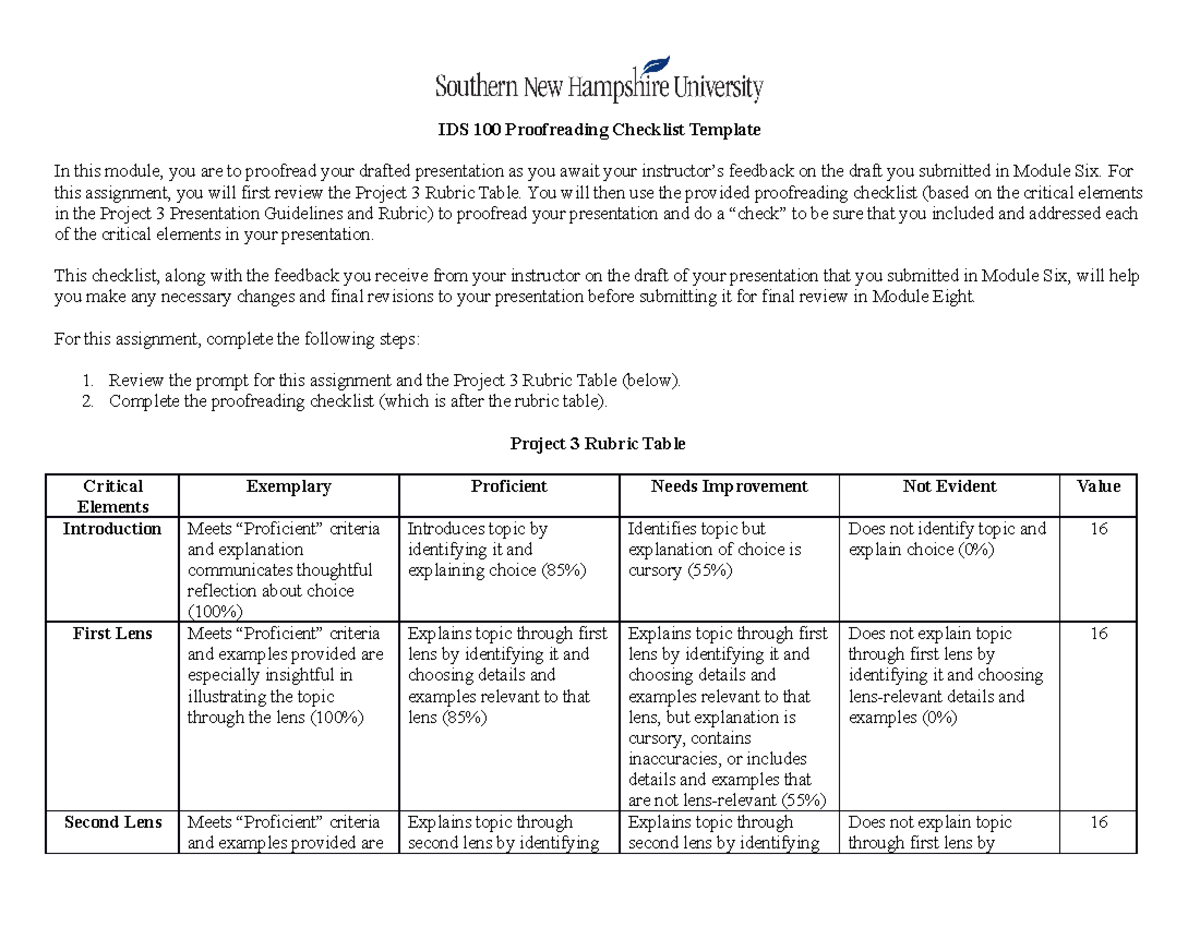 IDS 100 Proofreading Checklist - For this assignment, you will first ...