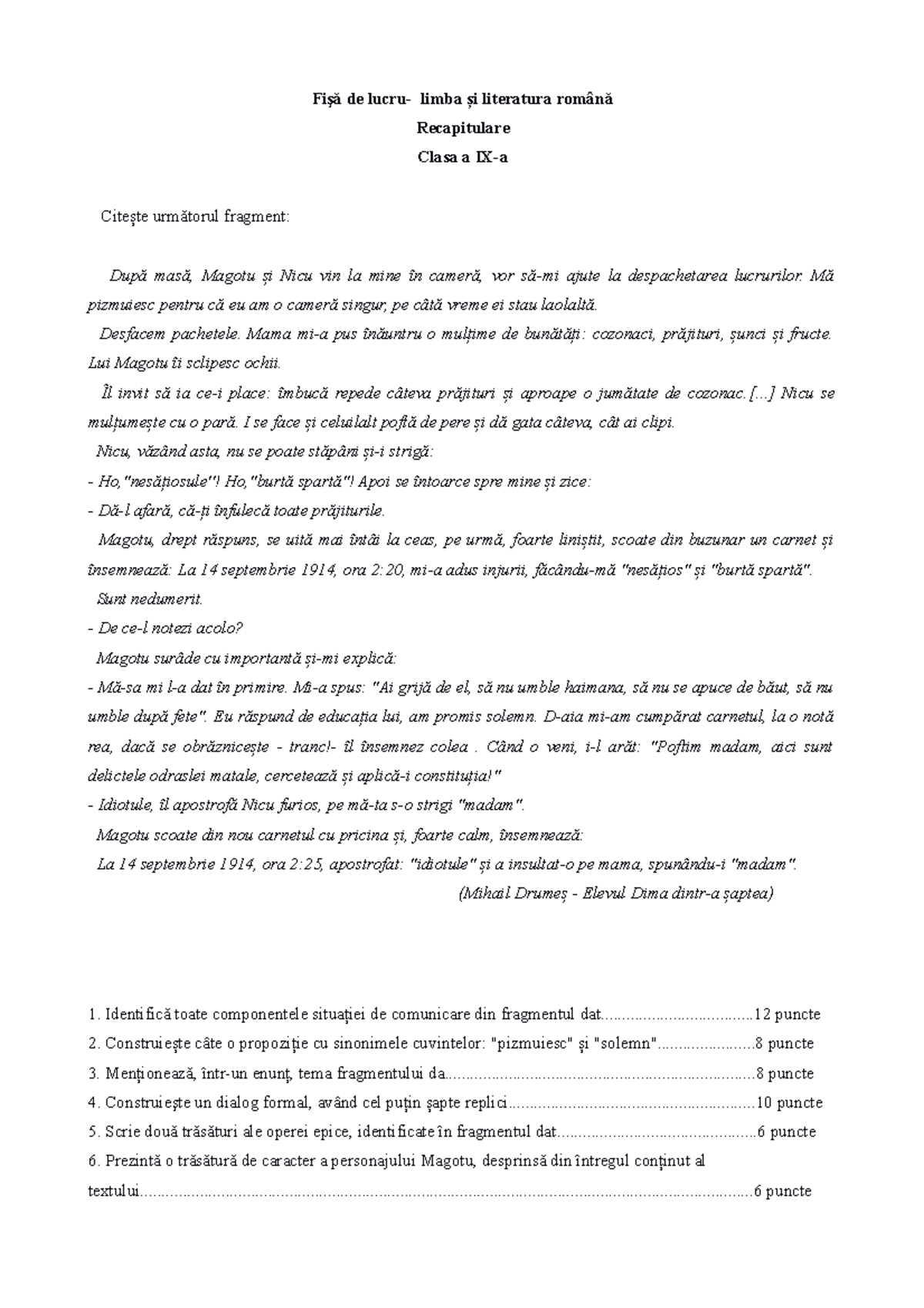 Fisa de lucru limba si literatura romana Recapitulare Clasa a IX a ...