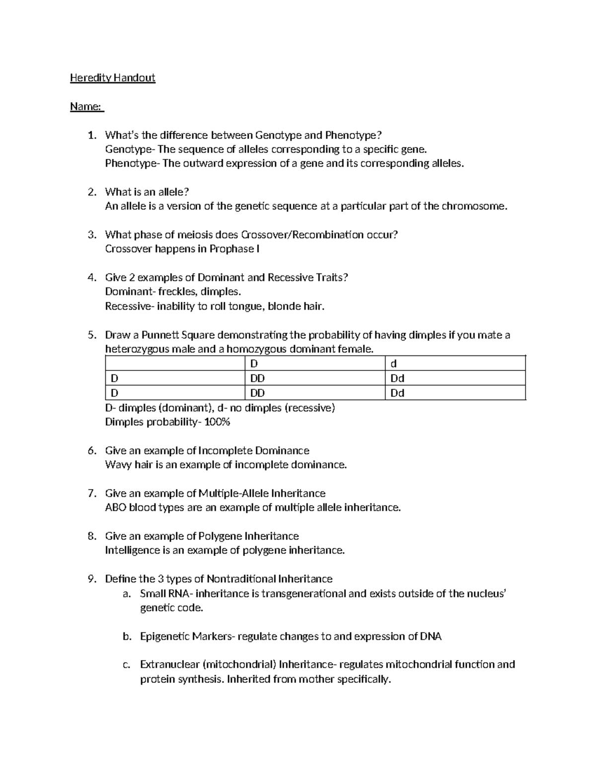Heredity Handout - Heredity Handout Name: 1. What’s the difference ...