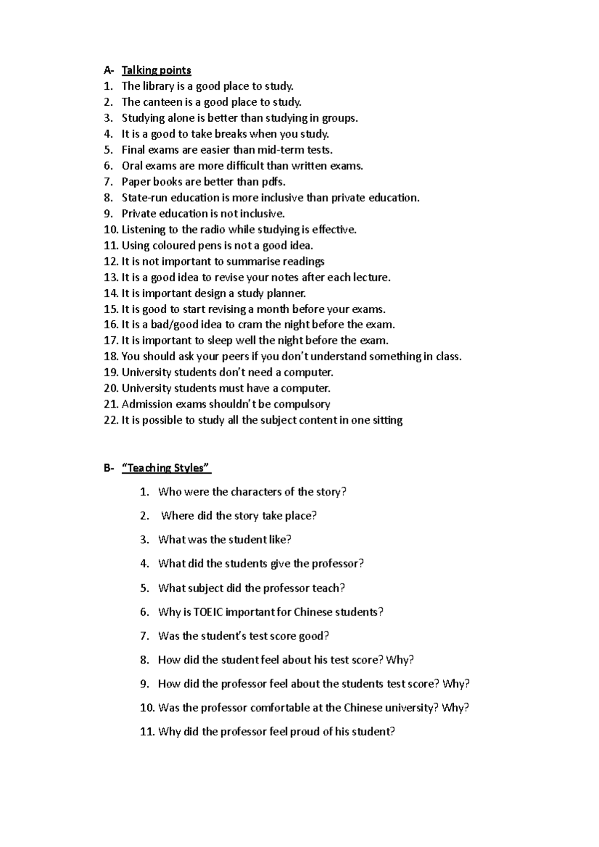 TALKING POINTS FOR ORAL EXAM - A- Talking points The library is a good ...