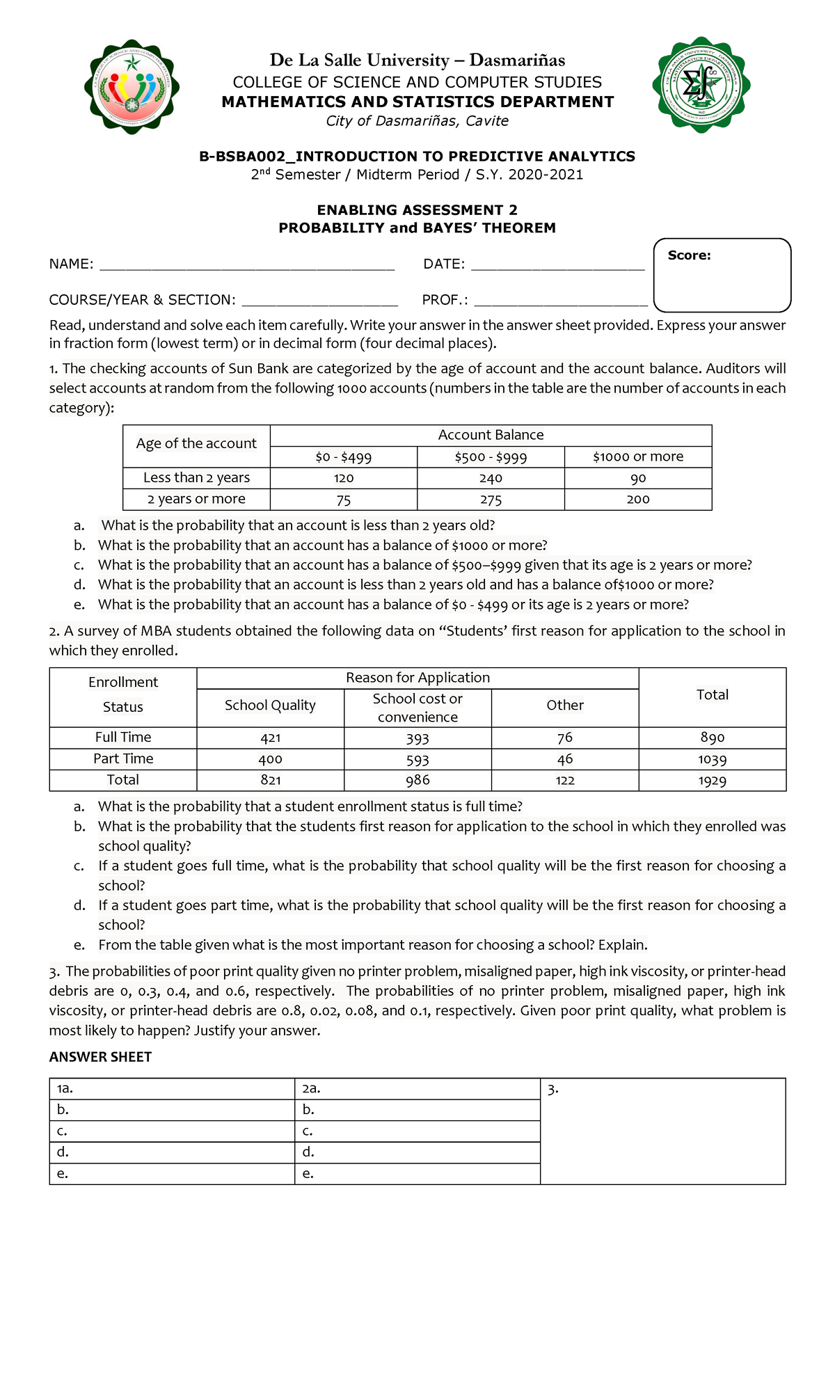 Enabling assessment 2 Probability and Bayes Theorem(4) - De La Salle ...