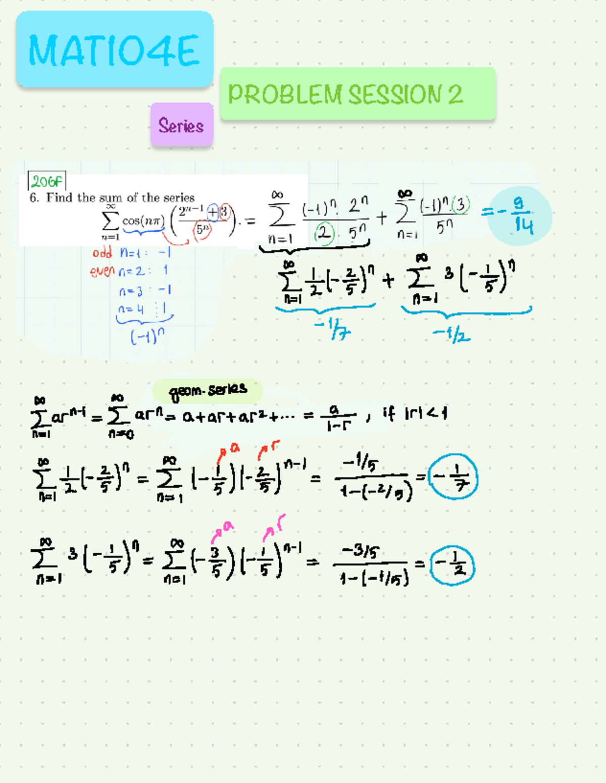 Mat104E-PS#02(28 - huh - MAT104E PROBLEM SESSION 2 Series e =- 4 14 Ar m T , 3 + 17 - geom. Ser ...