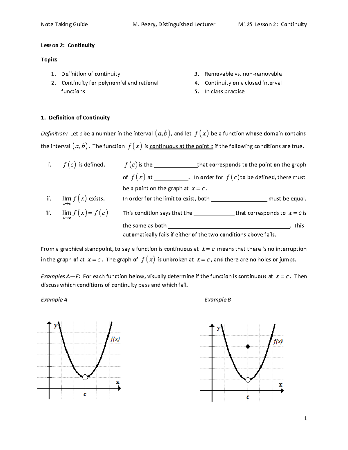 L2 Continuity - Lesson 2 - Lesson 2: Continuity Topics Definition of continuity Continuity for ...