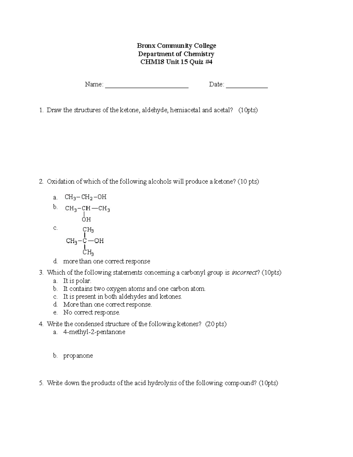 Chem 230 Chapter 15 practice quiz - Bronx Community College Department ...