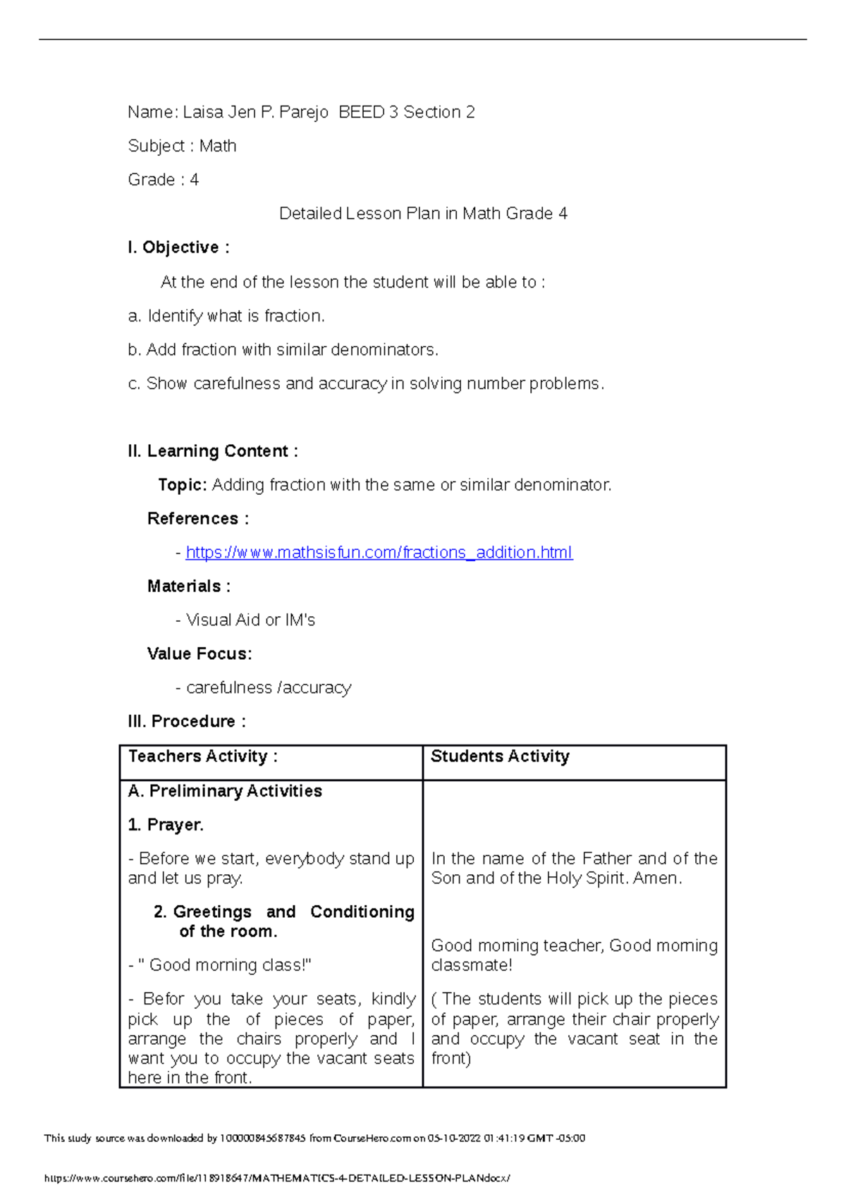 Mathematics 4 Detailed Lesson PLAN - Name: Laisa Jen P. Parejo BEED 3 ...