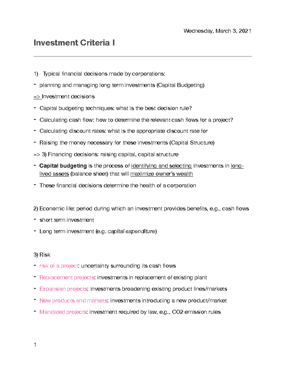 Investment Criteria - Lecture notes 7 - Investment Criteria I Typical ...