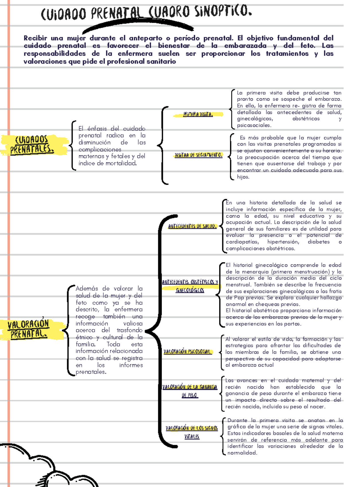 Cuadro conceptual Control prenatal - PRIMERA VISITA. CUIDADO PRENATAL CUADRO SINOPTICO. CUIDADOS ...