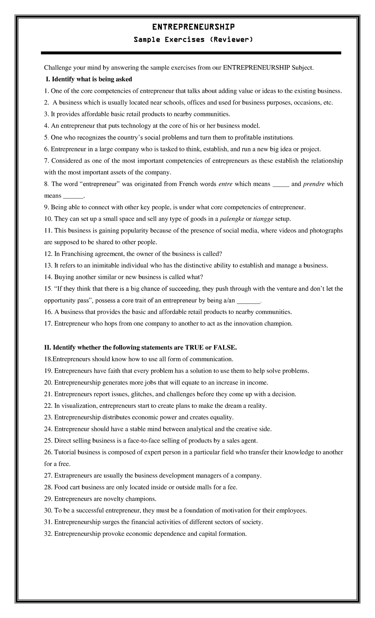 Entrep 1st Midterm Reviewer 1 - Sample Exercises (Reviewer) Challenge ...