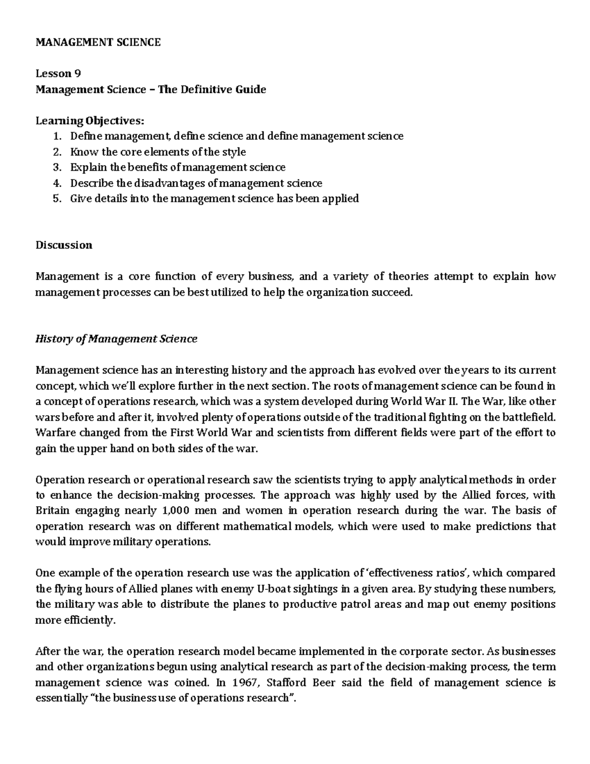 9Management+Science+ - MANAGEMENT SCIENCE **Lesson 9 Management Science ...