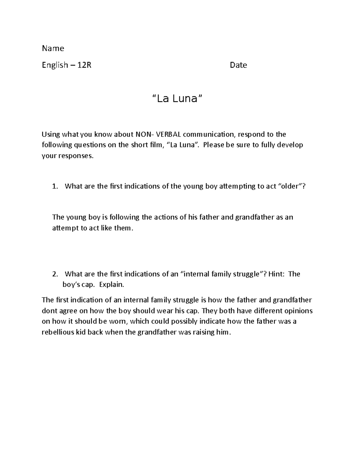 - La Luna (Worksheet) - Assignment on the short film La Luna. - Name ...