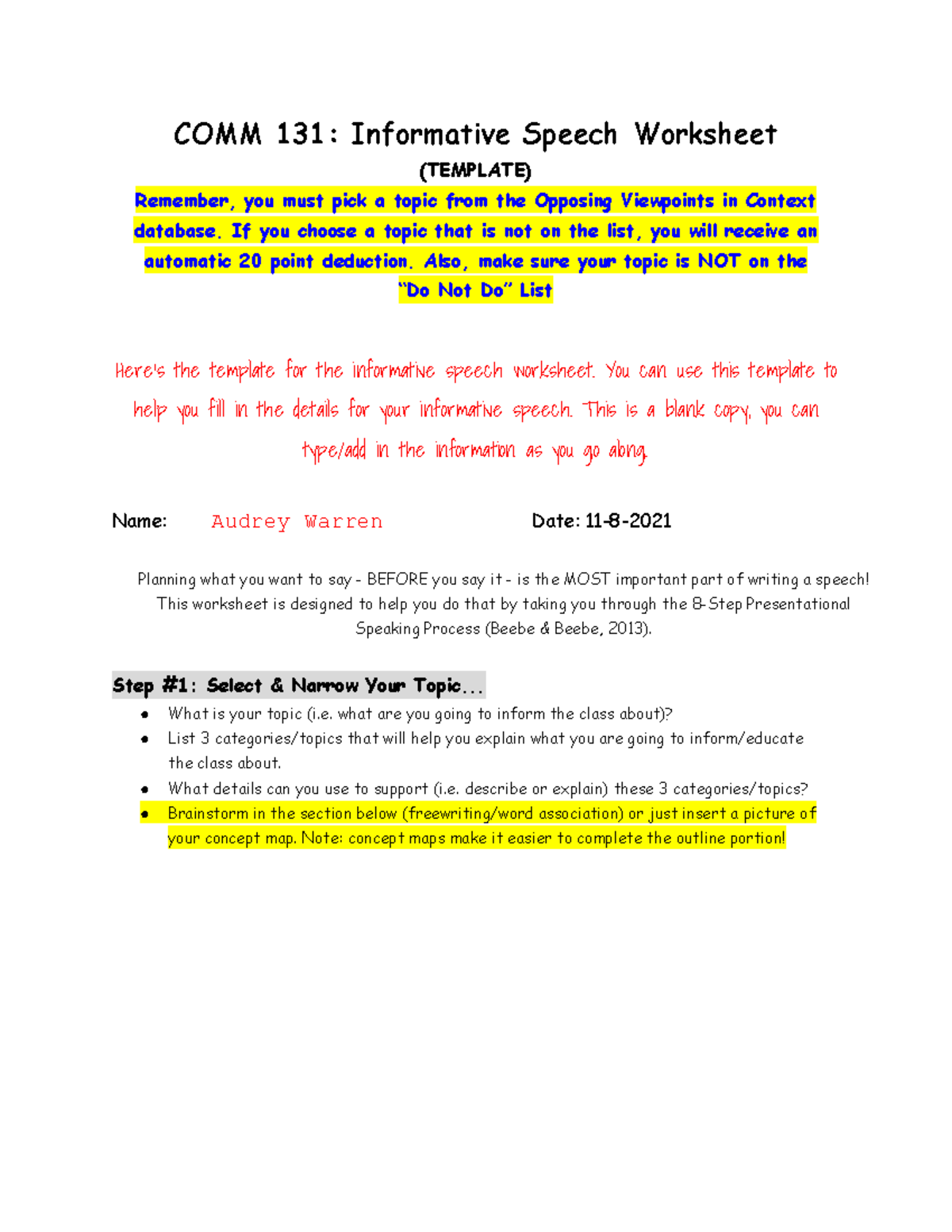 Audrey Warren-Informative Speech Worksheet - COMM 131: Informative ...