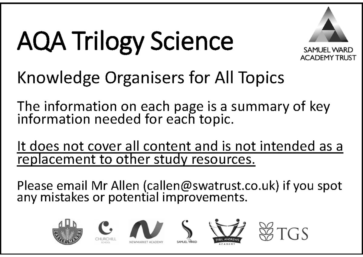Knowledge organiser science 9 1 - AQA Trilogy Science Knowledge ...
