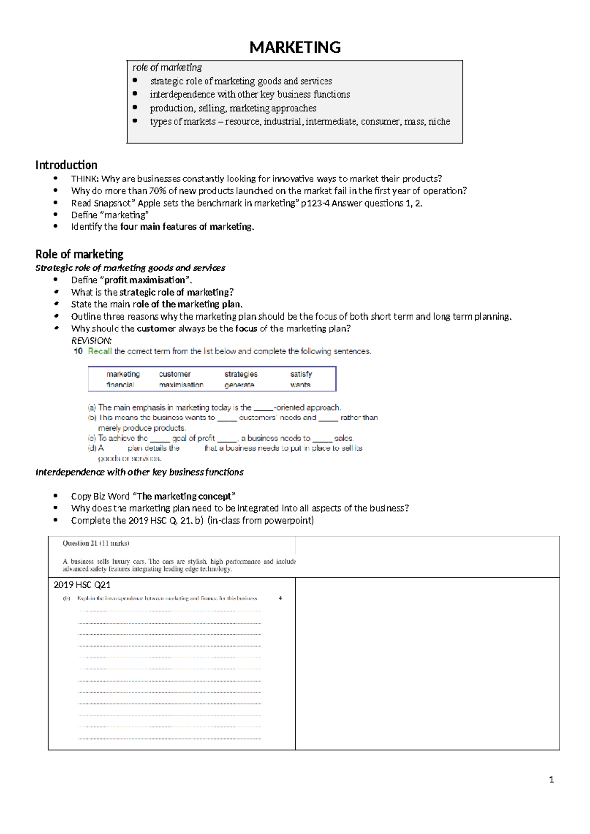 1. Marketing activity sheet - ROLE - MARKETING role of marketing ...