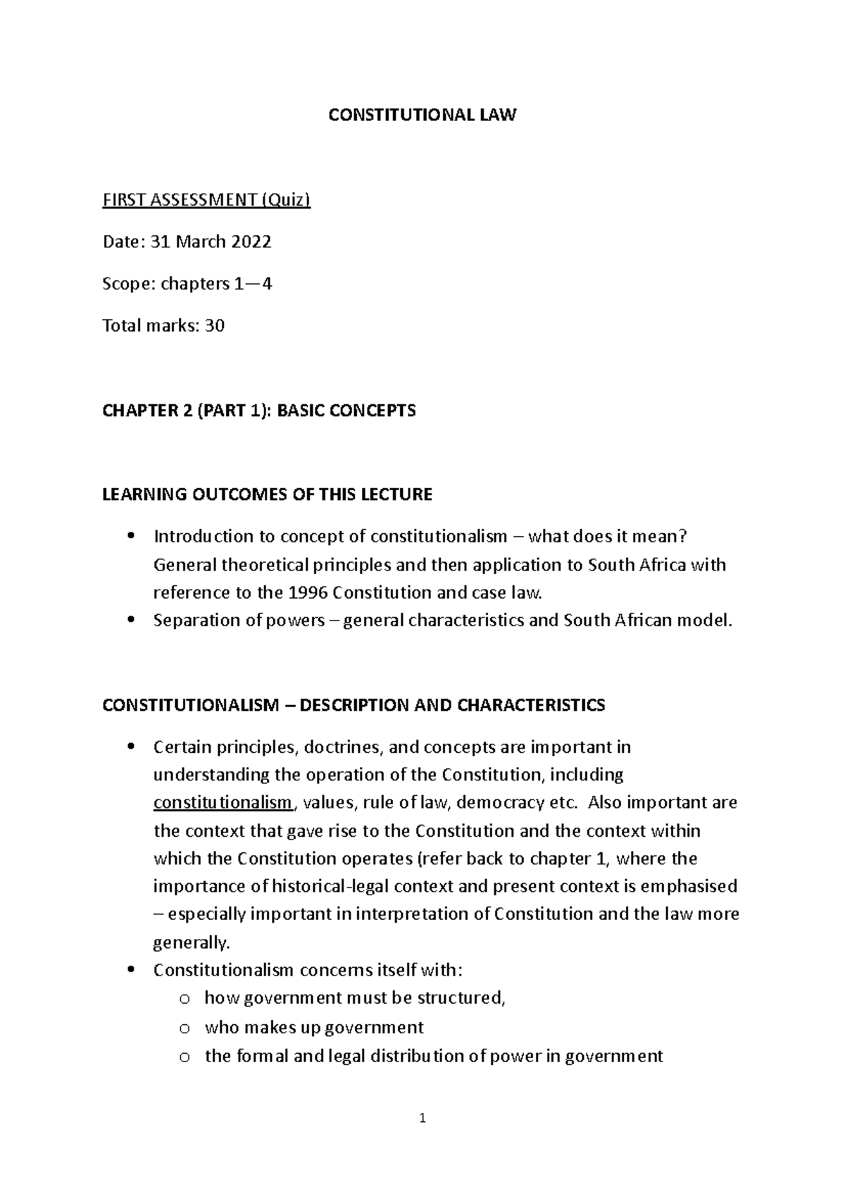 Lecture 4 chapter 2 part 1 - CONSTITUTIONAL LAW FIRST ASSESSMENT (Quiz ...