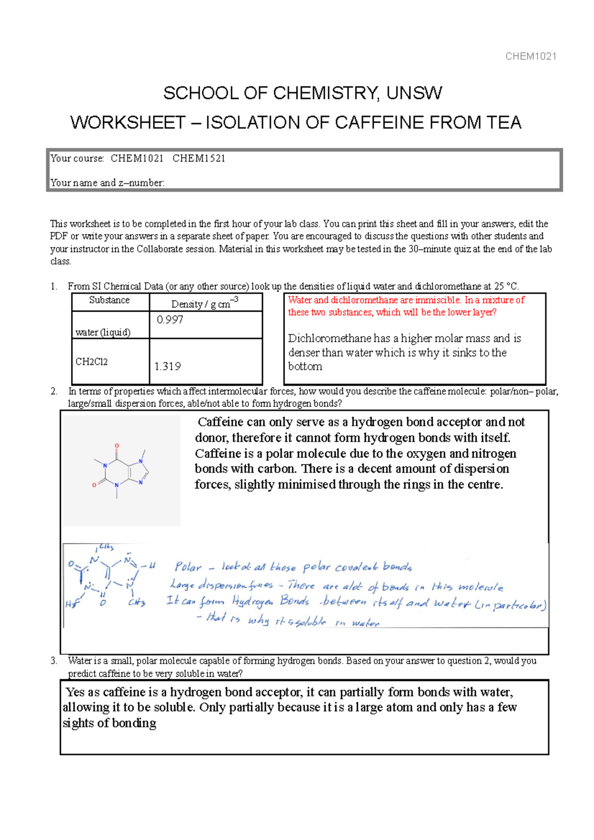 CHEM1021-wk1-worksheet - CHEM SCHOOL OF CHEMISTRY, UNSW WORKSHEET ...