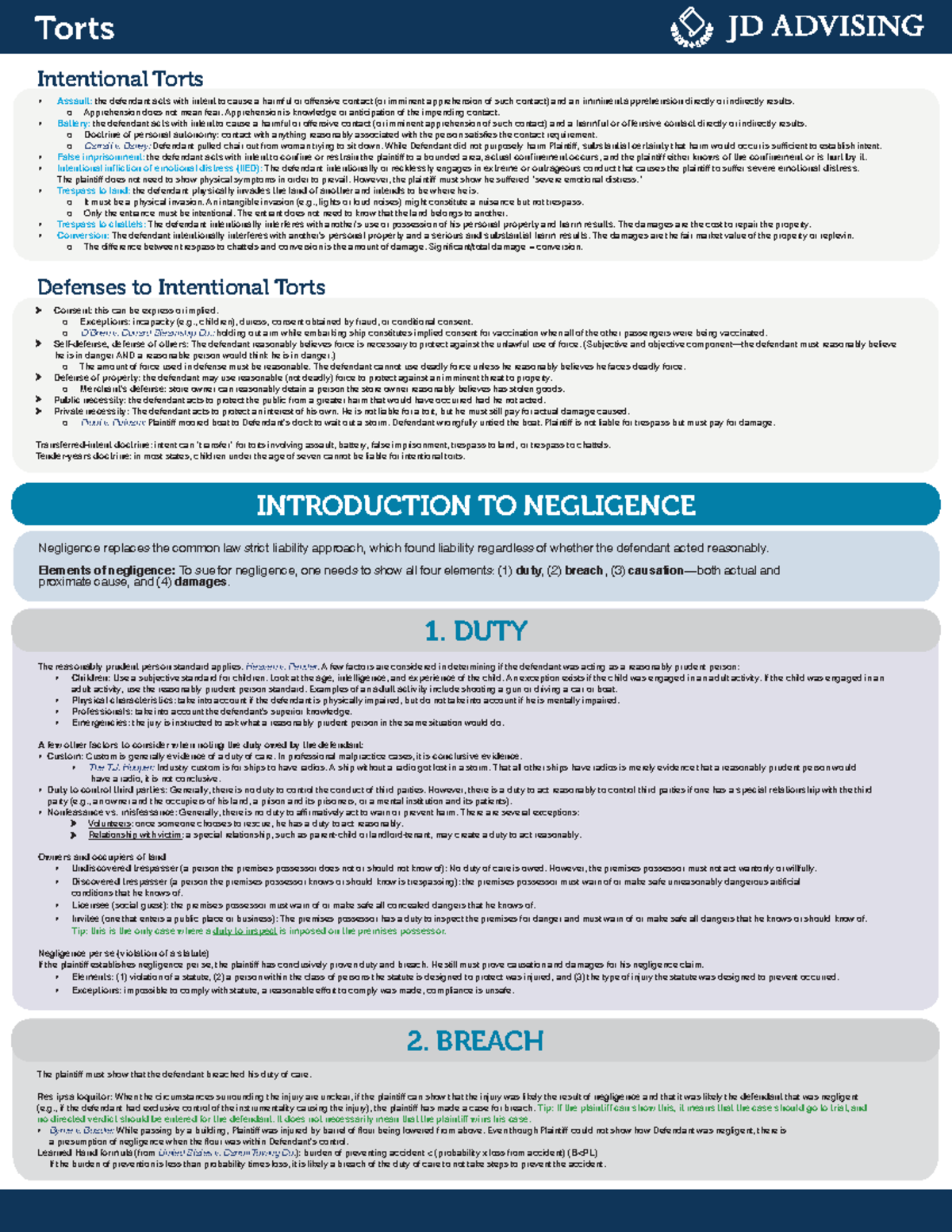 Torts Attack Guide - Assault: the defendant acts with intent to cause a ...
