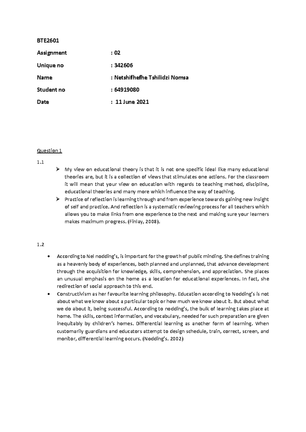 BTE2601 Assignment 02 - BTE Assignment : 02 Unique no : 342606 Name ...