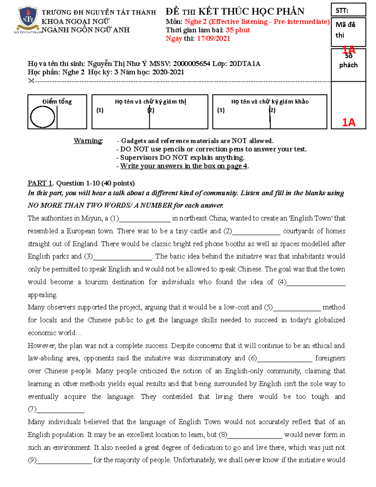 Nghe 2 - Đề 1A - jdjjd - TRƯỜNG ĐH NGUYỄN TẤT THÀNH ĐỀ THI KẾT THÚC HỌC ...