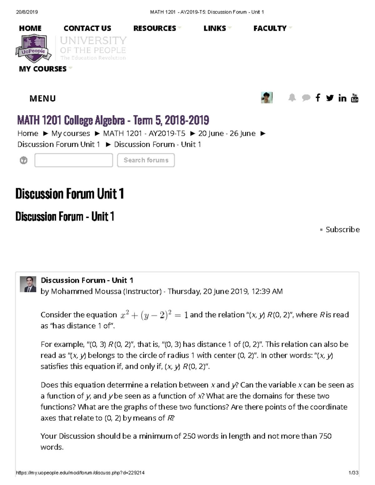 MATH 1201 AY2019 T5 Discussion Forum Unit 1 - Home My courses MATH 1201 ...