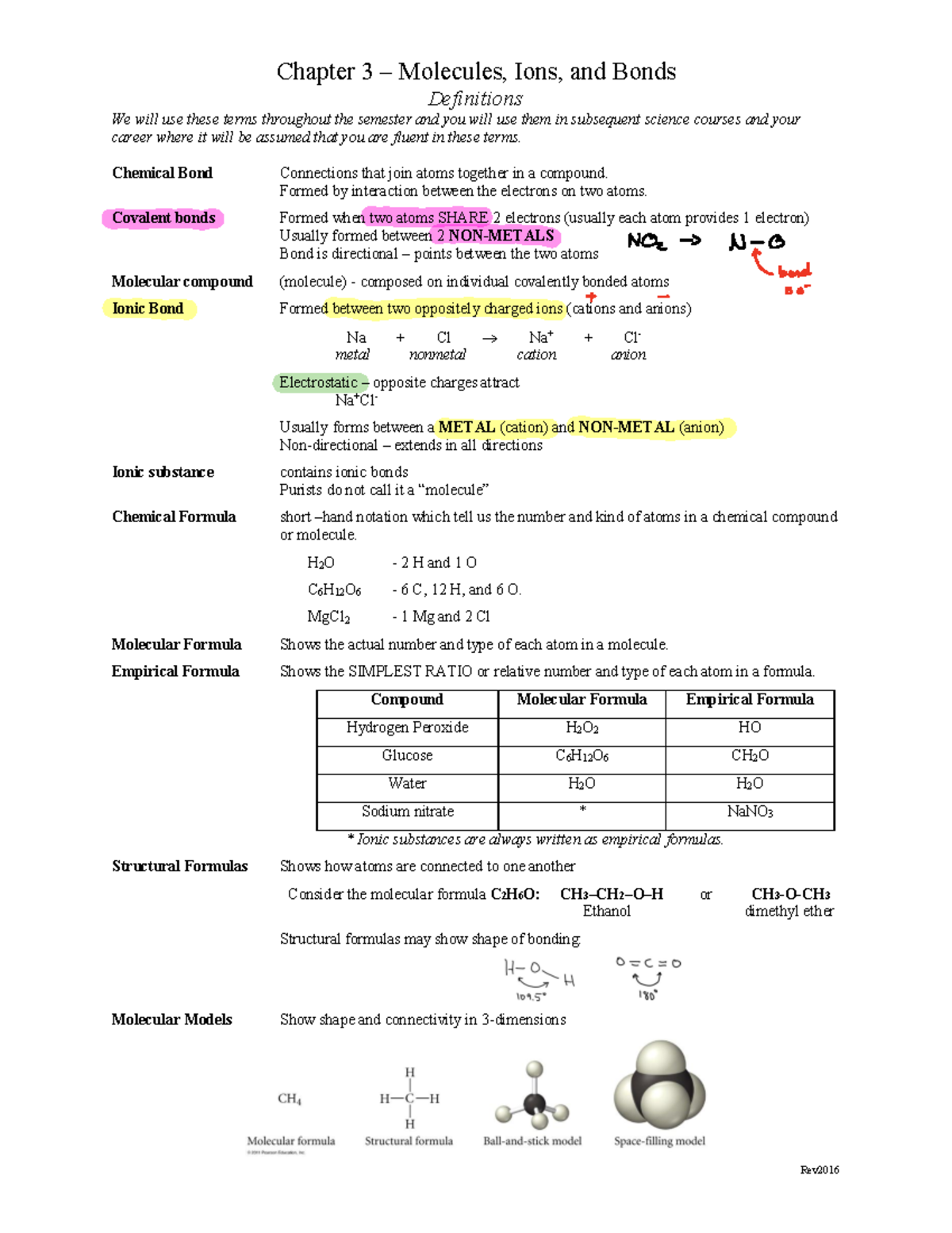 Chemistry 152 Chapter 3 Notes- Molecules Ions Bonds - Definitions - Rev ...