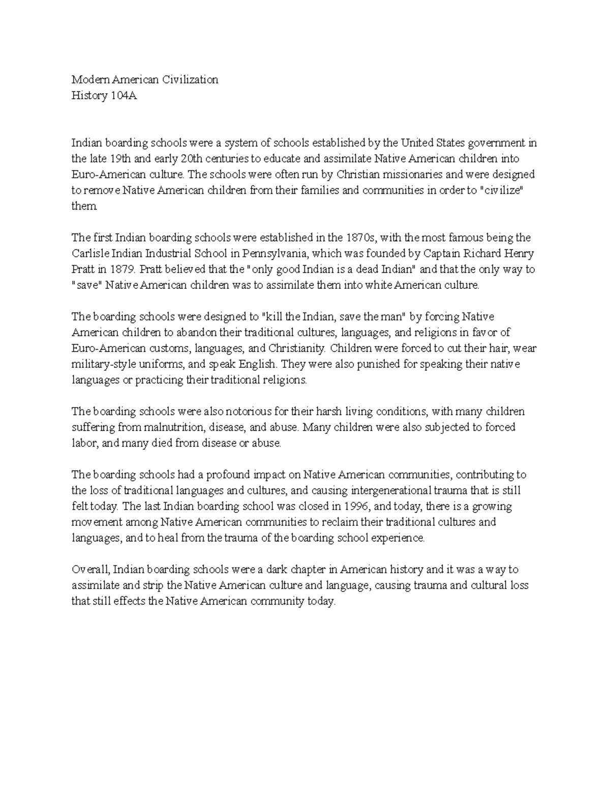 Indian Boarding Schools notes - Modern American Civilization History ...