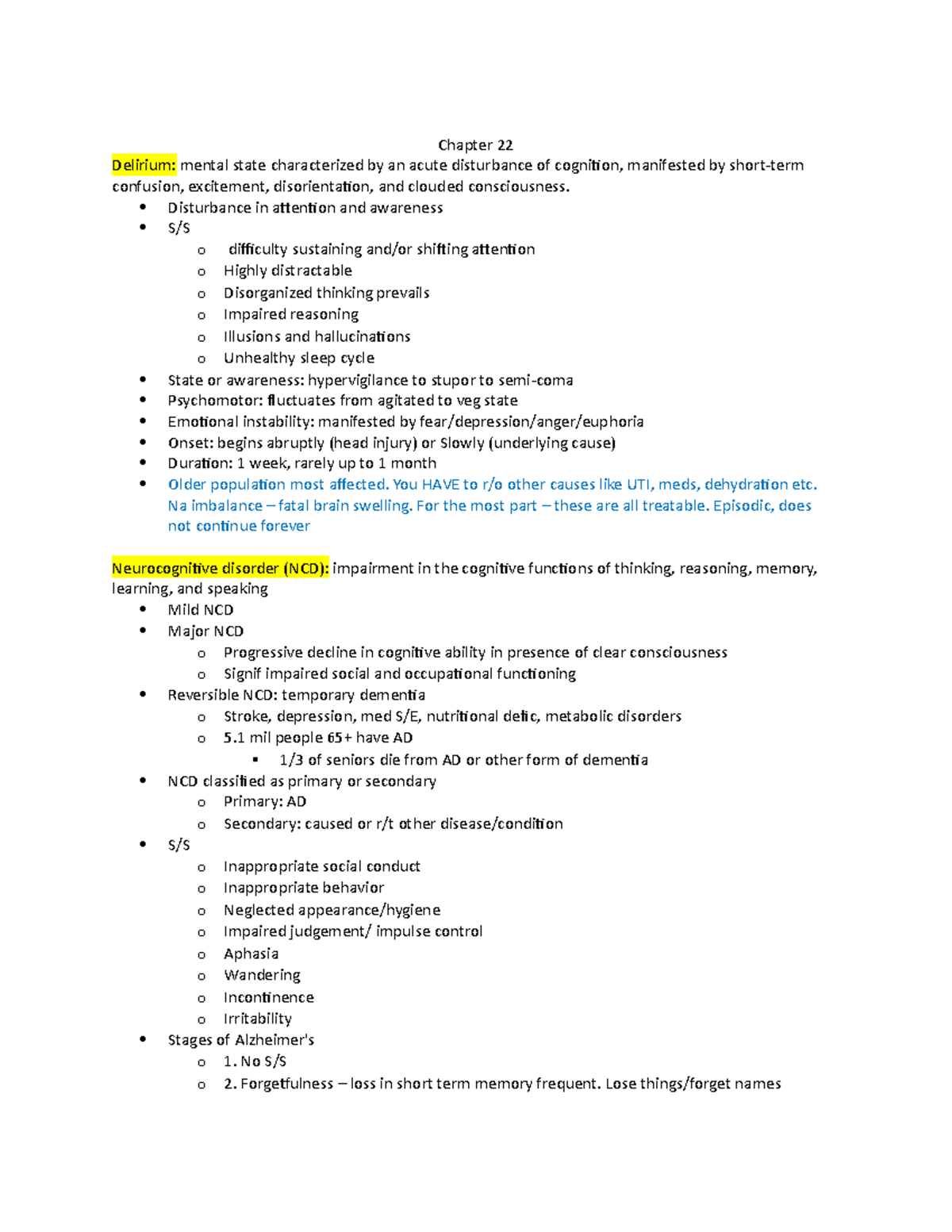 Mental Health Notes Week4-6 - Chapter 22 Delirium: mental state ...