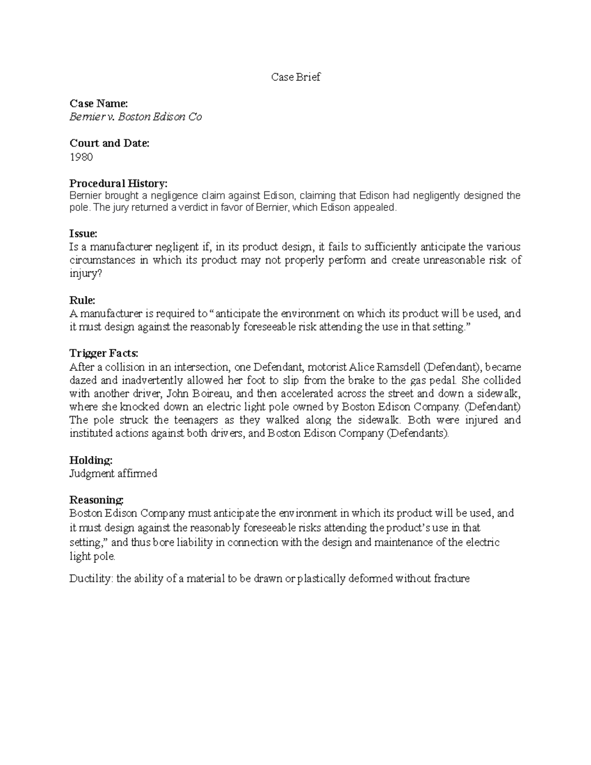 Bernier v. Boston Edison Co - Case Brief Case Name: Bernier v. Boston ...