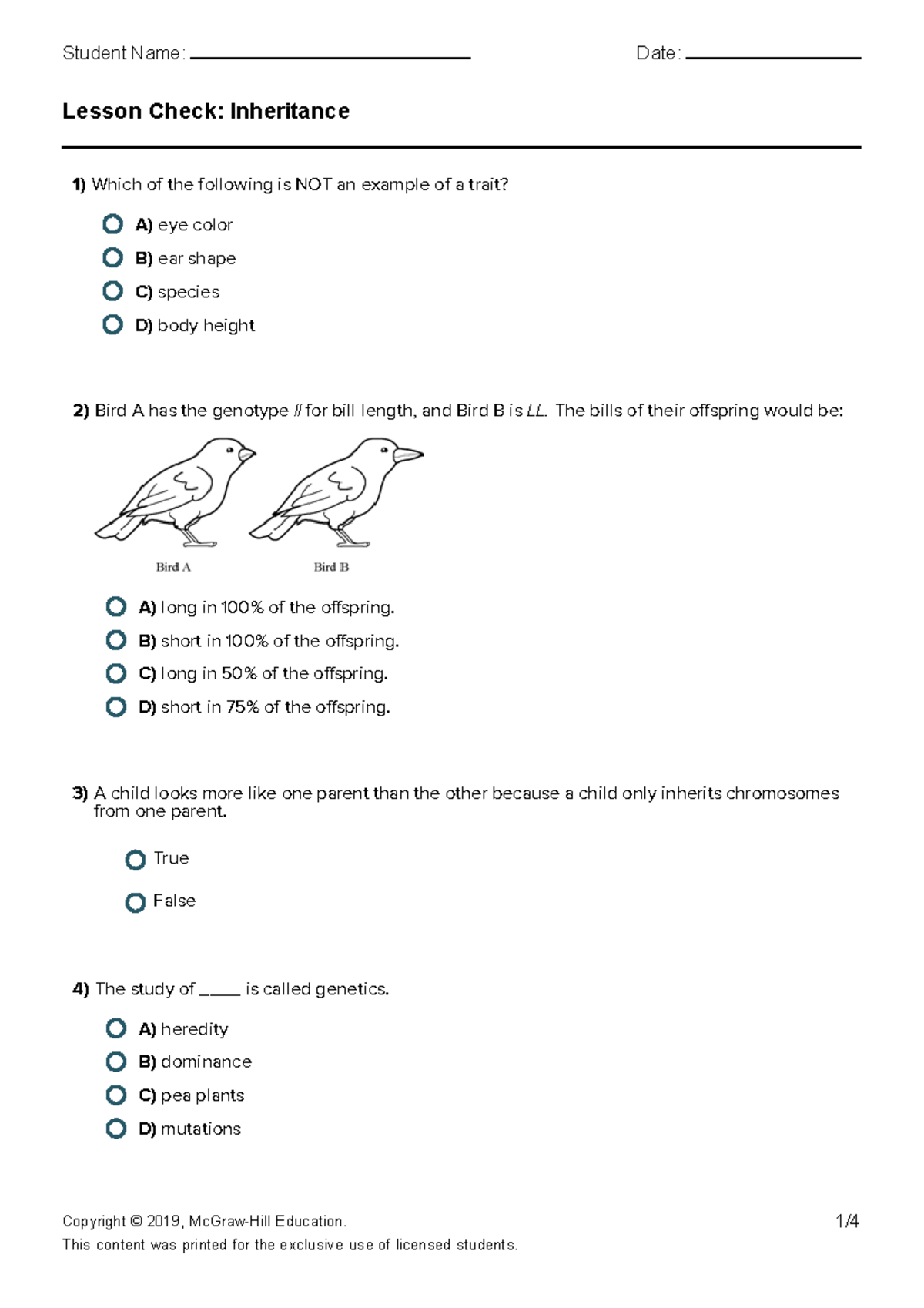 L1 Lesson Check L1 Inhiretance - Lesson Check: Inheritance Copyright ...