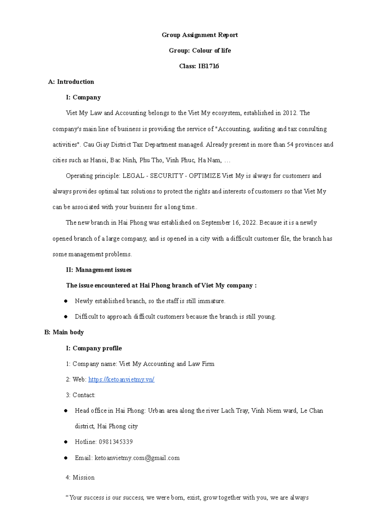 MGT103 Group Assignment - Group Assignment Report Group: Colour of life ...