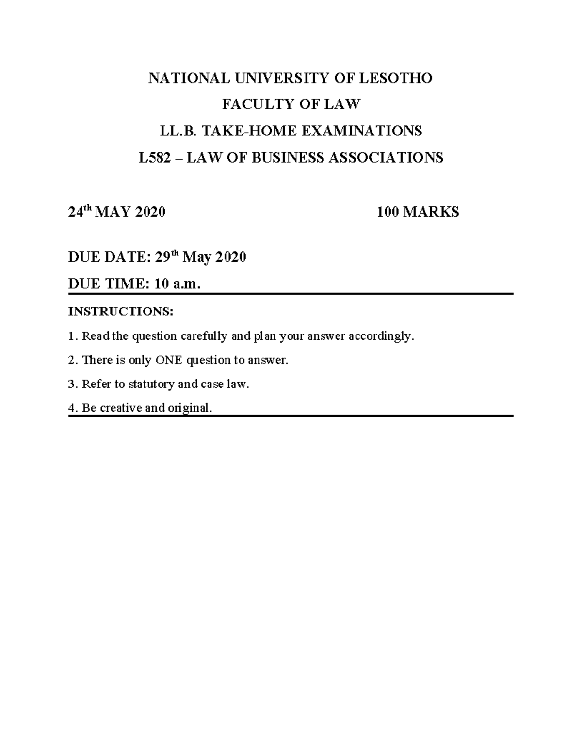 L582 May 2020 Final EXAM Thuto - NATIONAL UNIVERSITY OF LESOTHO FACULTY ...
