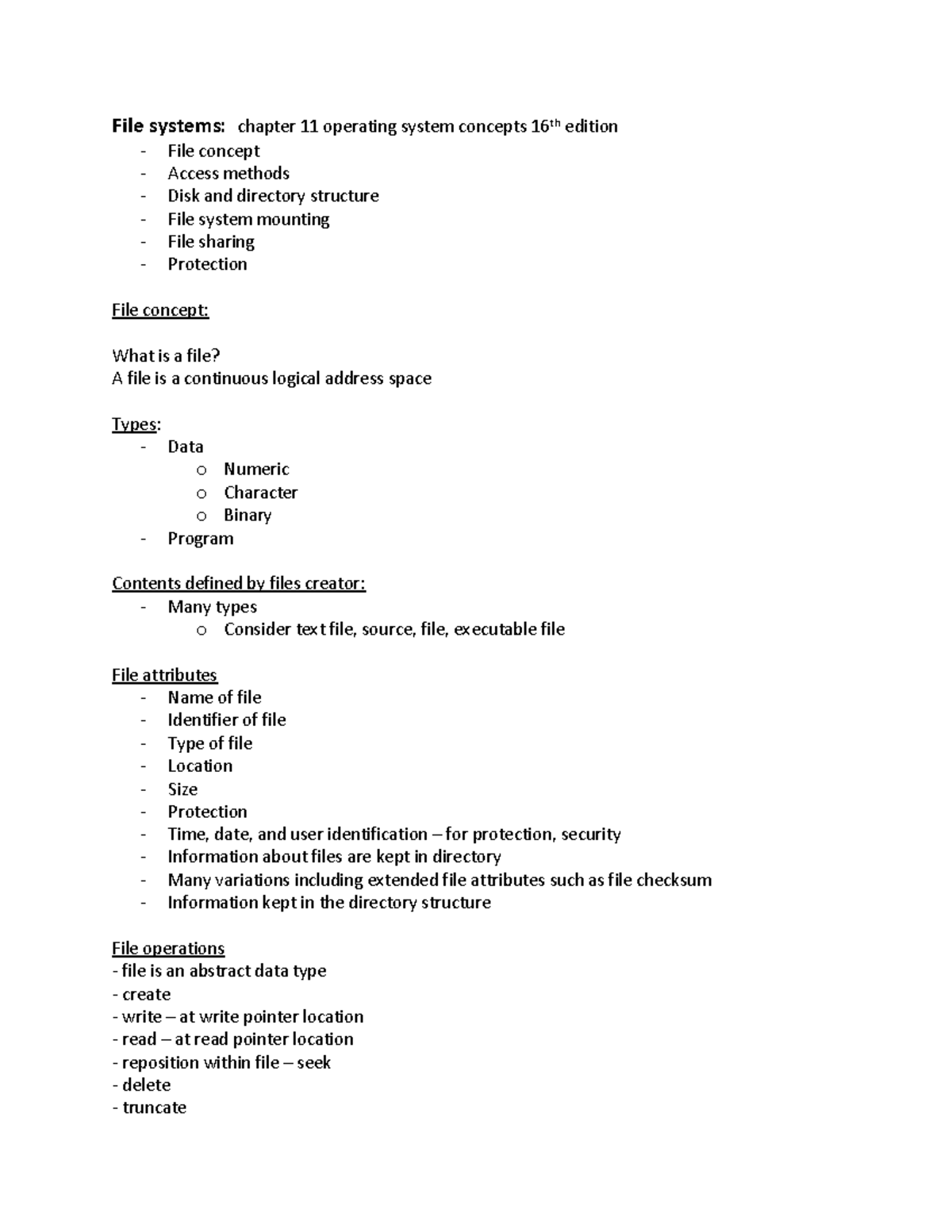 File systems notes - File systems: chapter 11 operating system concepts ...