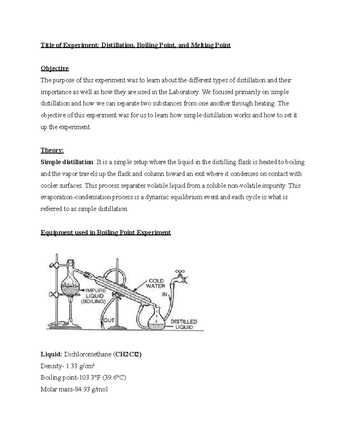 Distillation lab 1 - Title of Experiment: Distillation, Boiling Point, and Melting Point ...