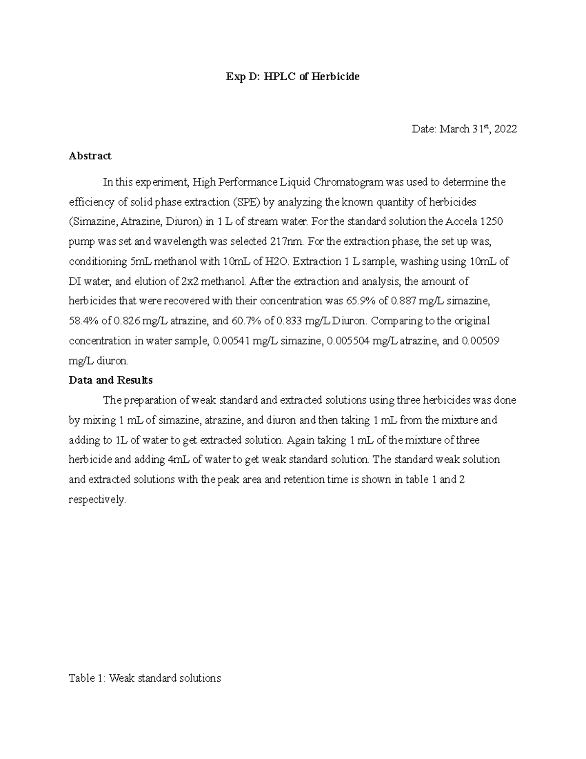 Exp D HPLC of Herbicide - Lab report - Exp D: HPLC of Herbicide Date ...