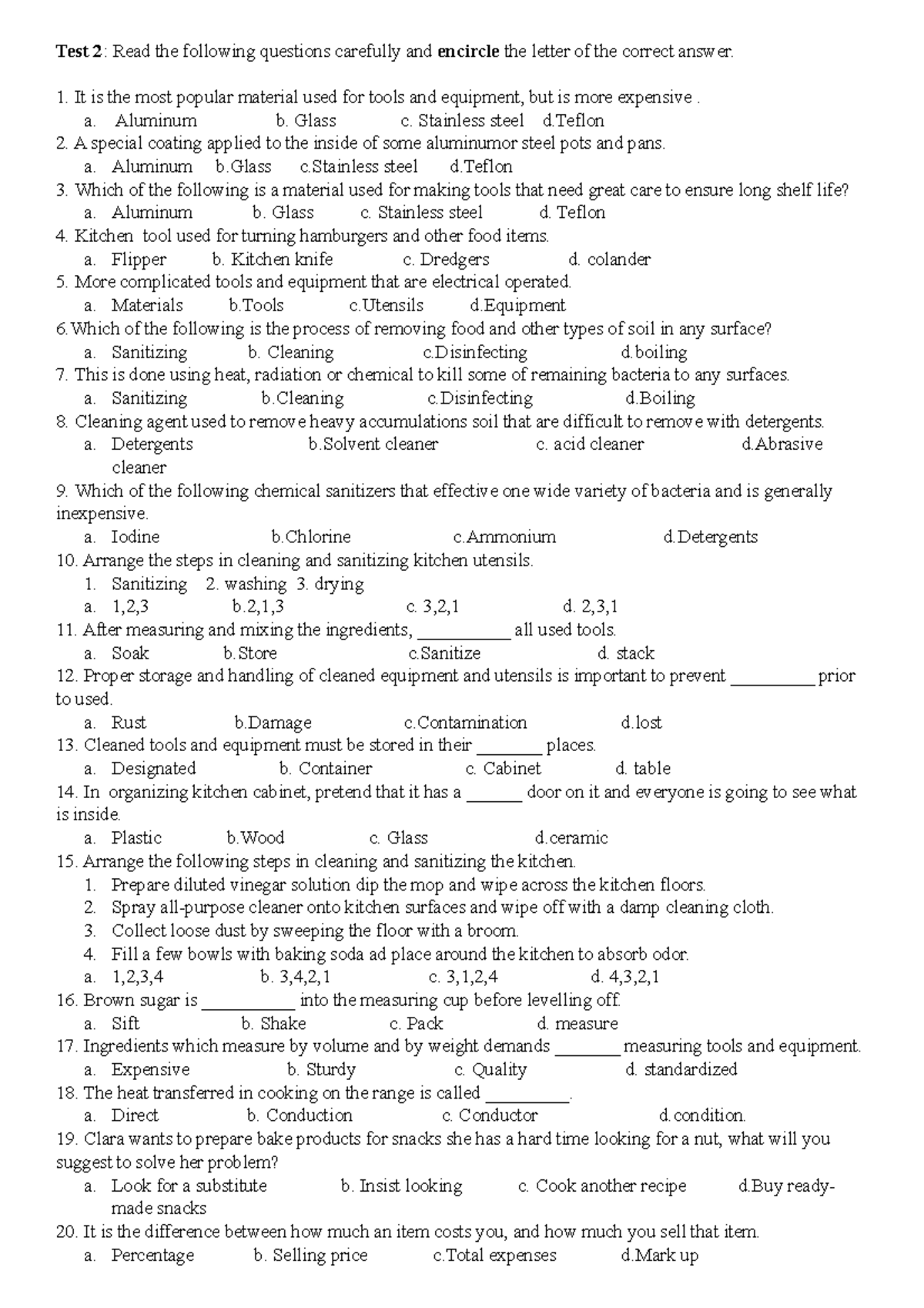 Test 2-cookery 7 - Test - Test 2: Read the following questions ...