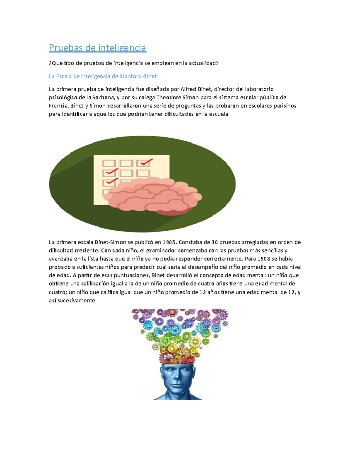 Pruebas de inteligencia - Binet y Simon desarrollaron una serie de preguntas y las probaron en ...
