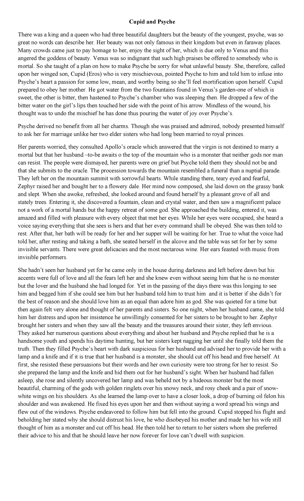 Cupid and Psyche story docx - Cupid and Psyche There was a king and a ...