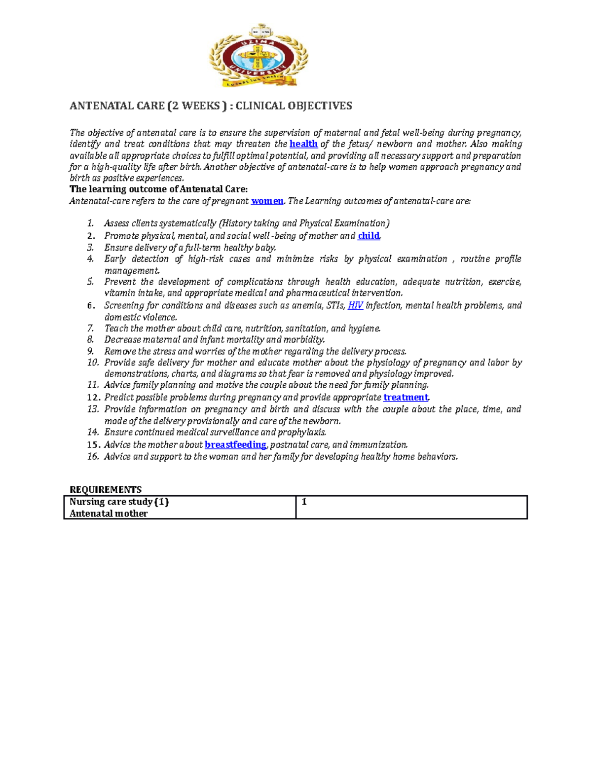 Antenatal CARE - Mental health - ANTENATAL CARE (2 WEEKS ) : CLINICAL ...