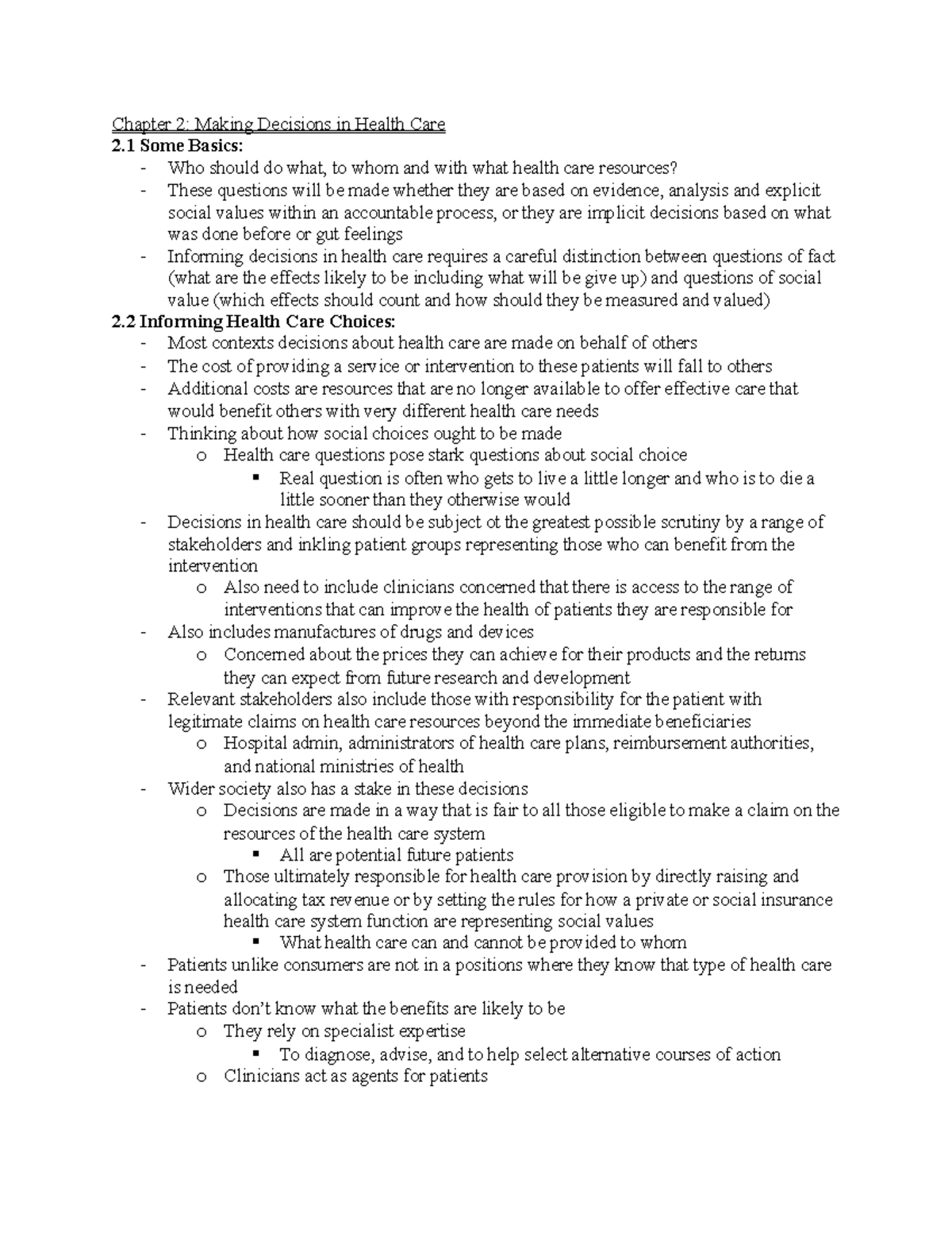 Chapter 2 notes - Chapter 2: Making Decisions in Health Care 2 Some ...