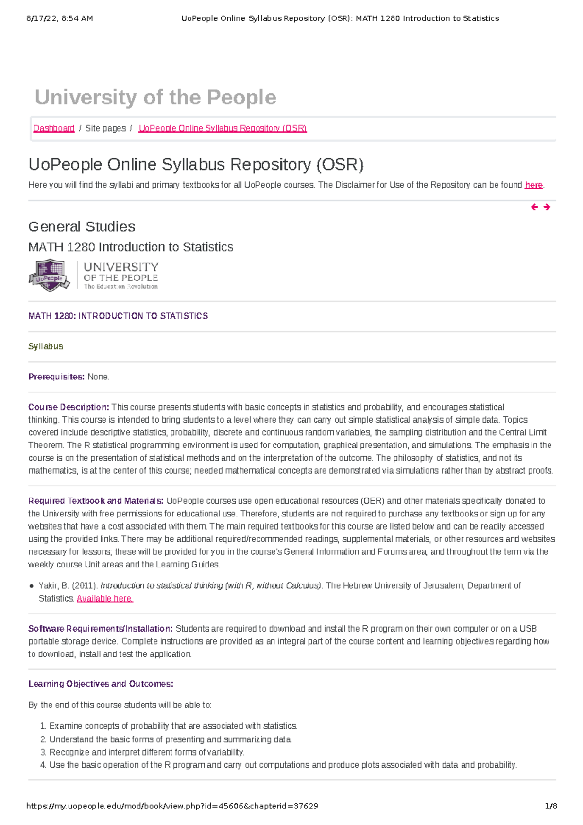 Uo People Online Syllabus Repository (OSR) MATH 1280 Introduction to Statistics - University of ...
