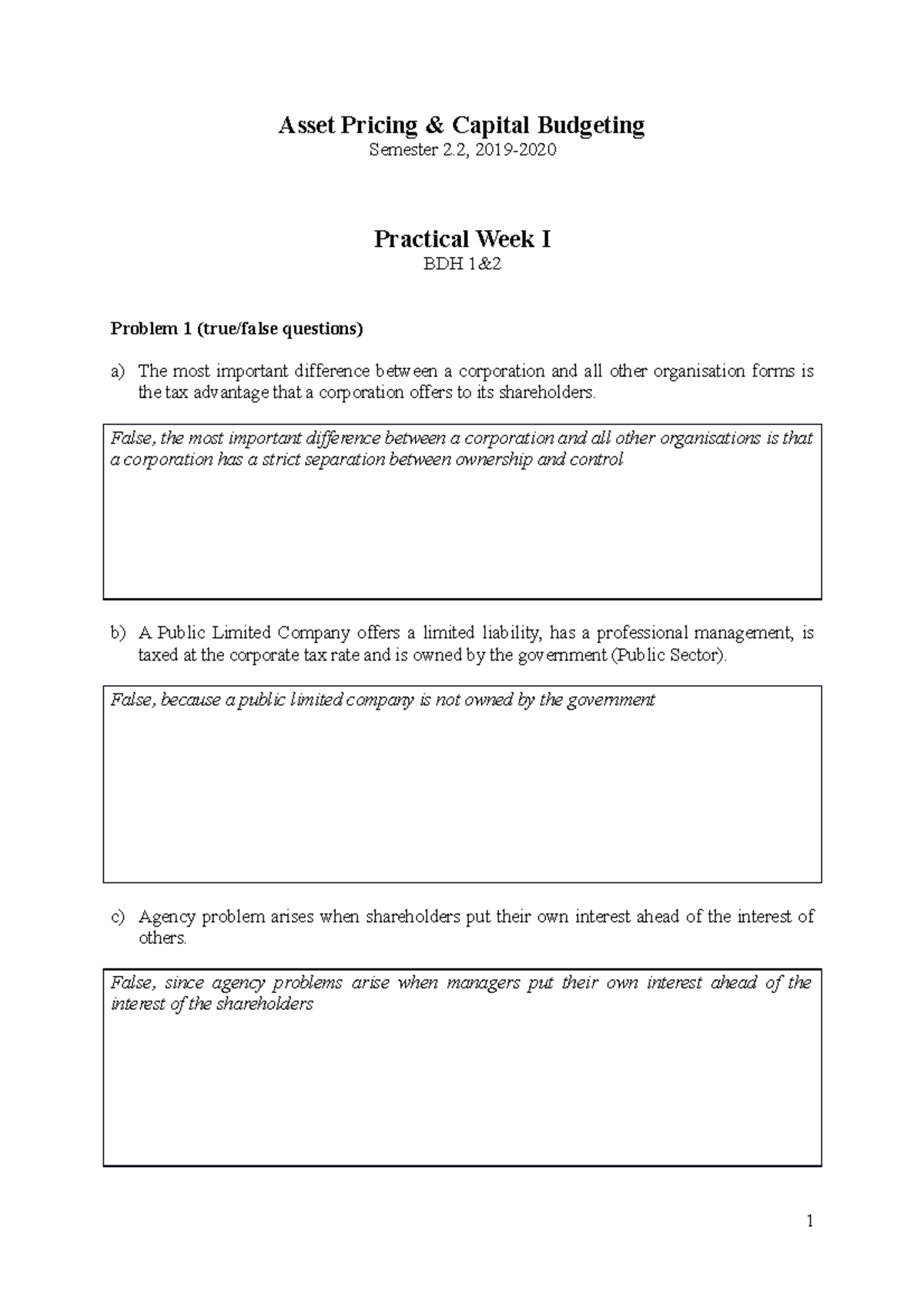 Practical week 1 - Partical excersises week 1 - Asset Pricing & Capital ...
