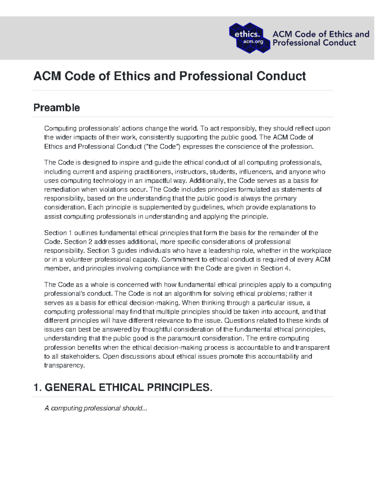 List of ACM code of ethics conduct - ACM Code of Ethics and ...