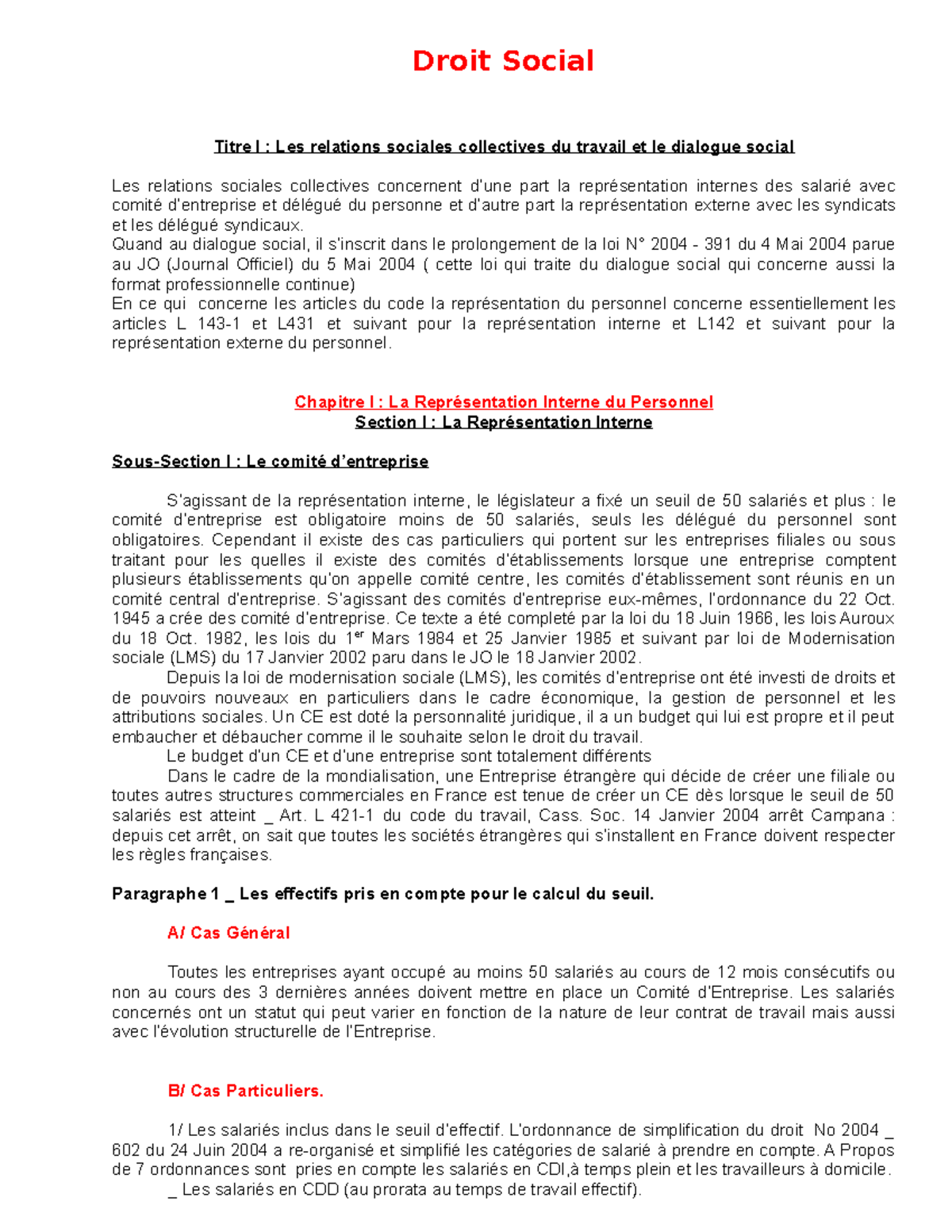 Droit Social - Droit Social Titre I : Les relations sociales ...