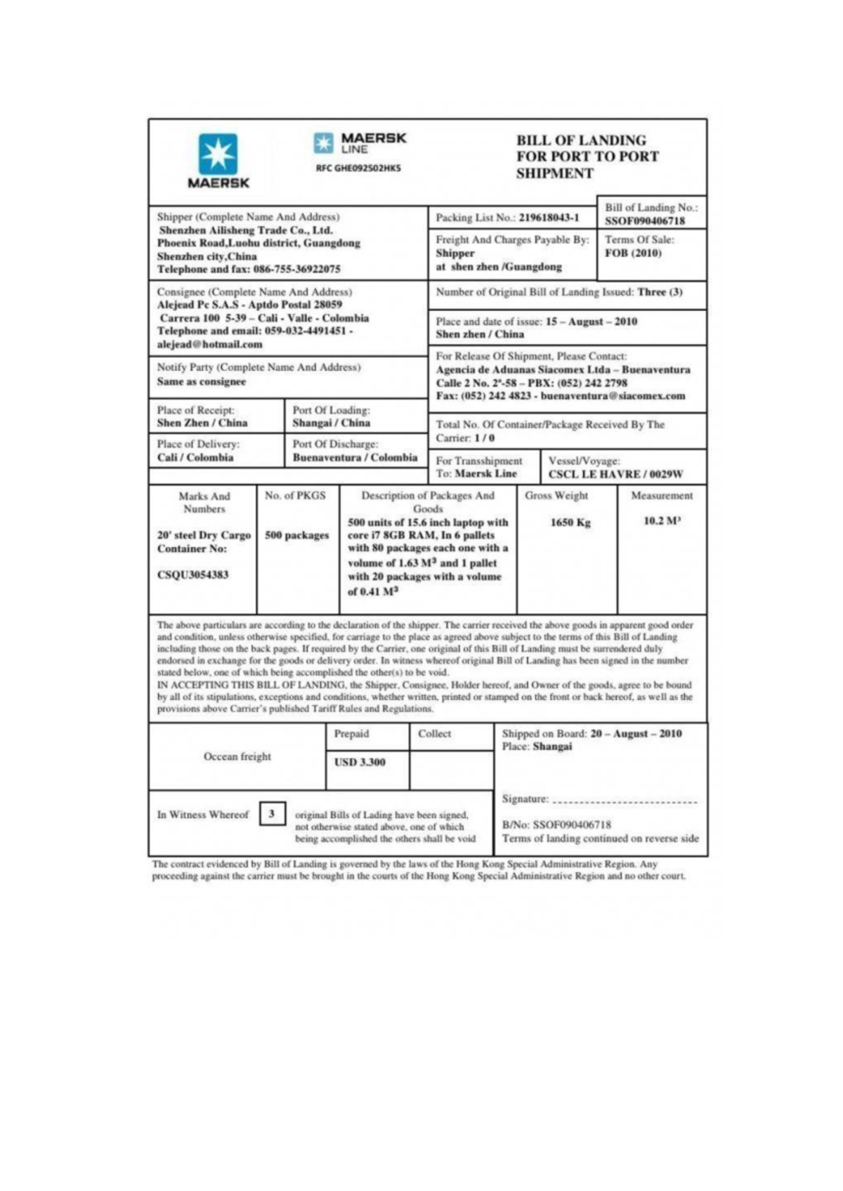 BL Real - BL REAL - MAERSK BILL OF LANDING LINE FOR PORT TO PORT RFC ...