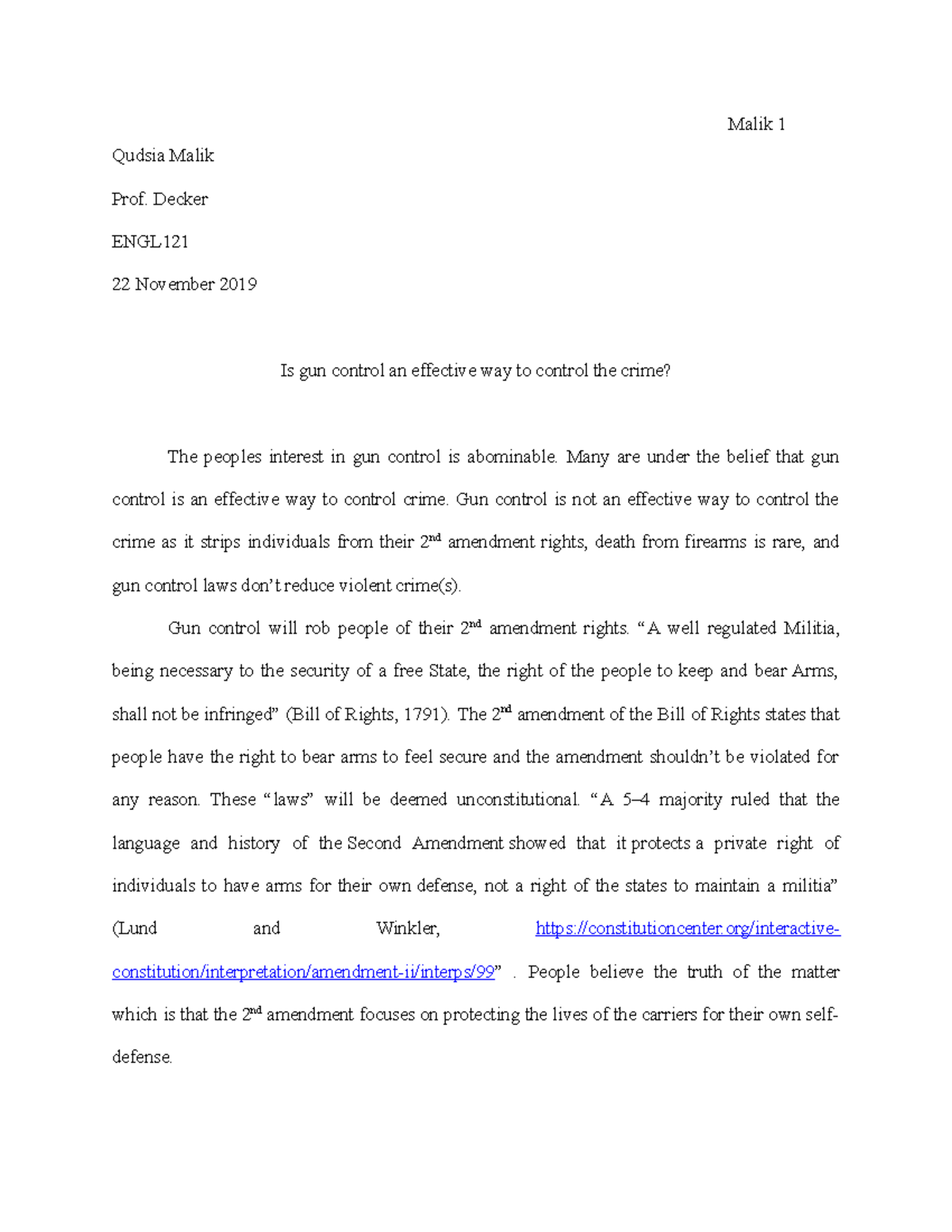 Gun Control - Rough Draft - Malik 1 Qudsia Malik Prof. Decker ENGL 22 ...