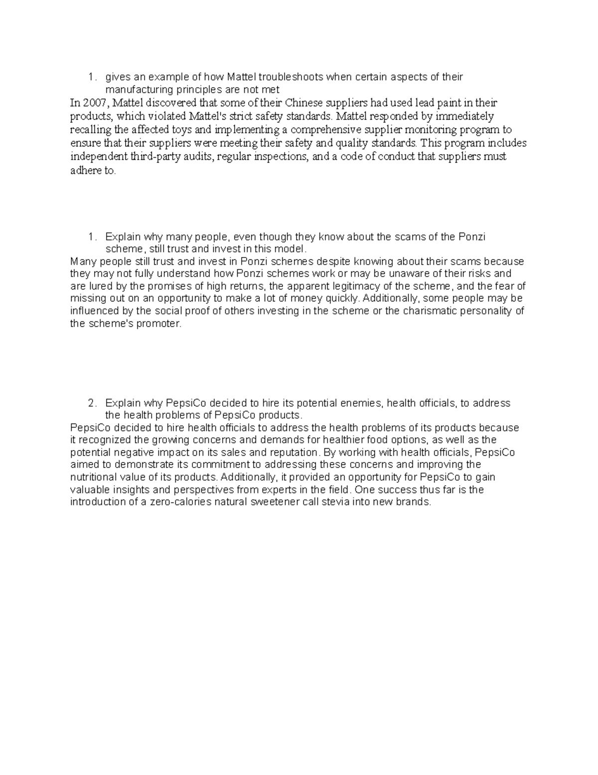 Câu hỏi thuyết trình - ethics - 1. gives an example of how Mattel ...