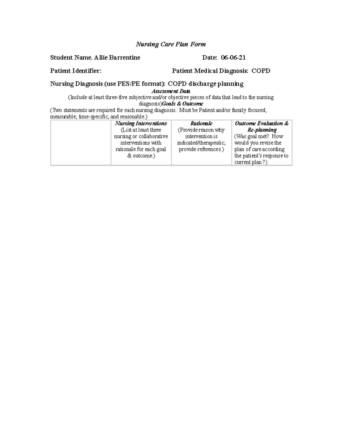 NUR 113 Nursing Care Plan 2 COPD - Nursing Care Plan Form Student Name ...
