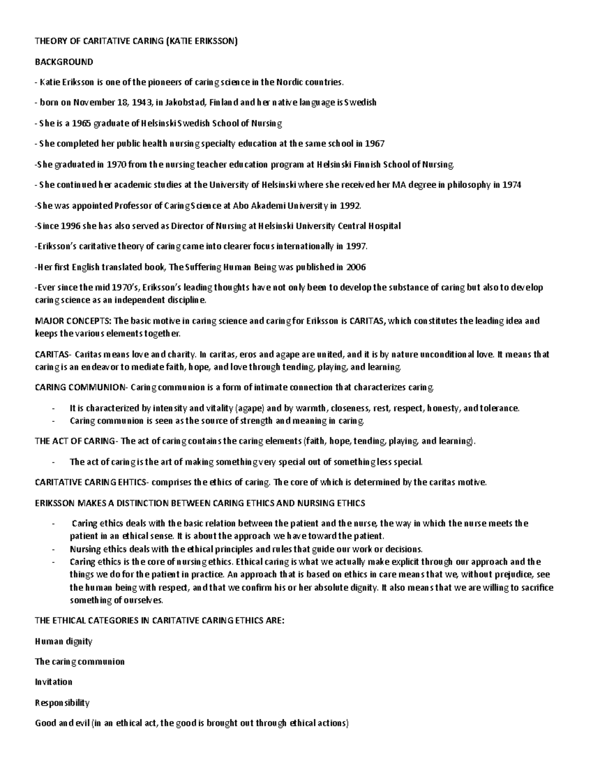 Theoretical Foundation OF Nursing - THEORY OF CARITATIVE CARING (KATIE ...