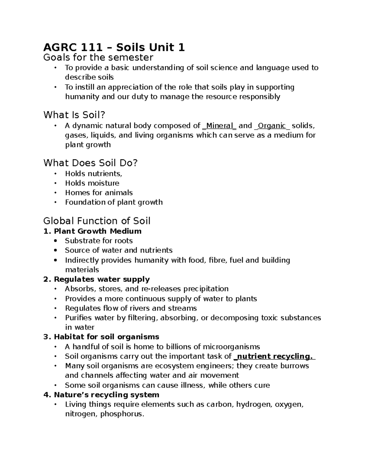 Soil science lesson notes - AGRC 111 – Soils Unit 1 Goals for the ...