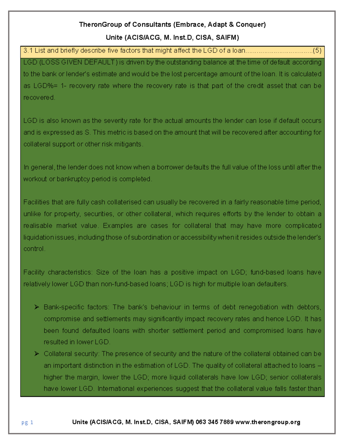 Question 3.1 RSK4804 Theron Group of Consultants - pg. 1 Unite (ACIS ...