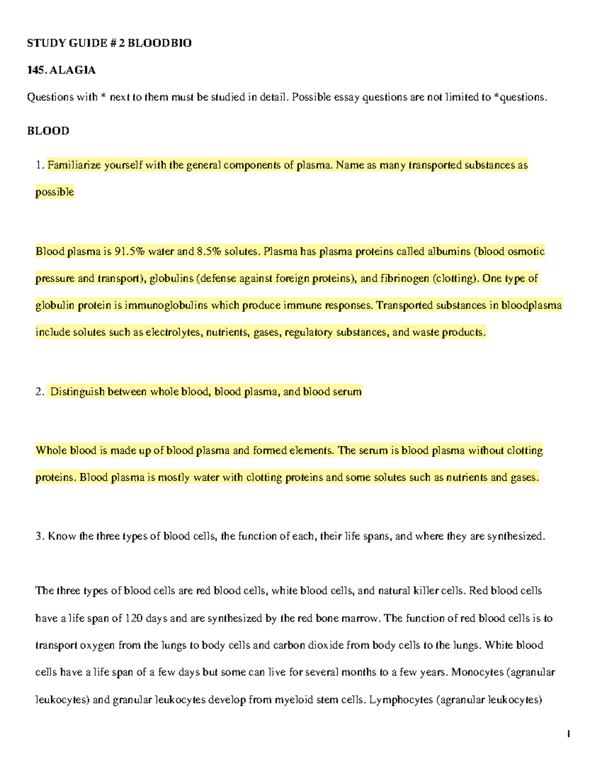 Study Guide 2 Blood physiology bio145 Chp - STUDY GUIDE # 2 BLOODBIO ...